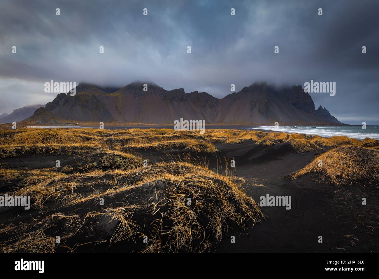 Vestrahorn mountain and black sand beach in stokksnes peninsula Iceland ...