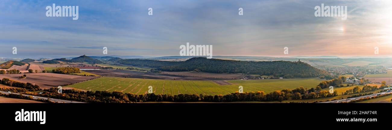 Castles Mühlburg and Wachsenburg seen from castle Gleichen in Thuringia ...