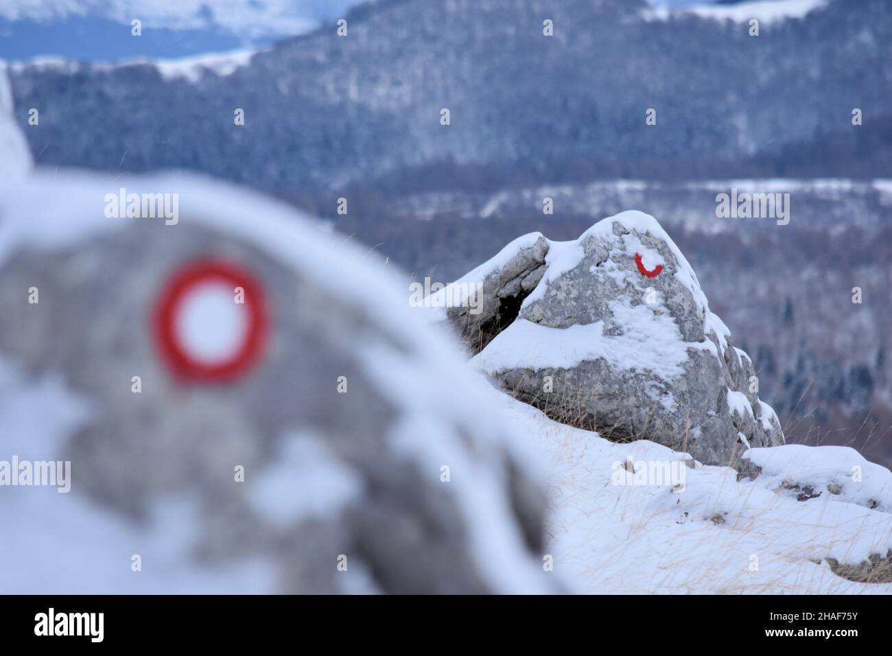 A red round with a white dot symbol on a rock fully covered in snow ...