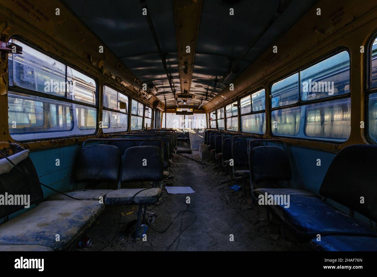 Inside old abandoned rusty wrecked bus or trolleybus Stock Photo - Alamy