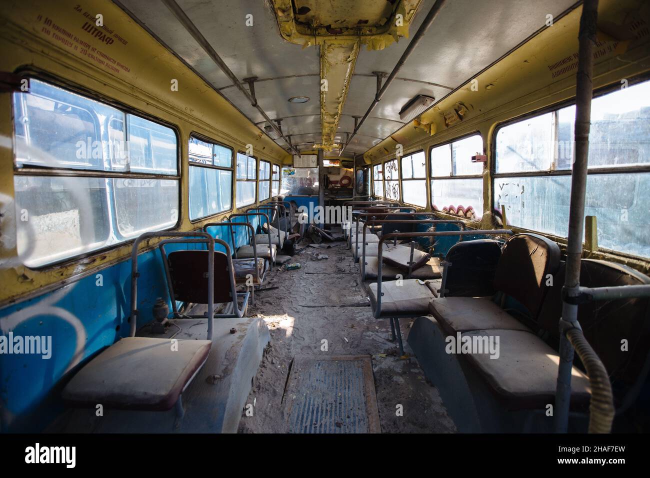 Inside old abandoned rusty wrecked bus or trolleybus Stock Photo - Alamy