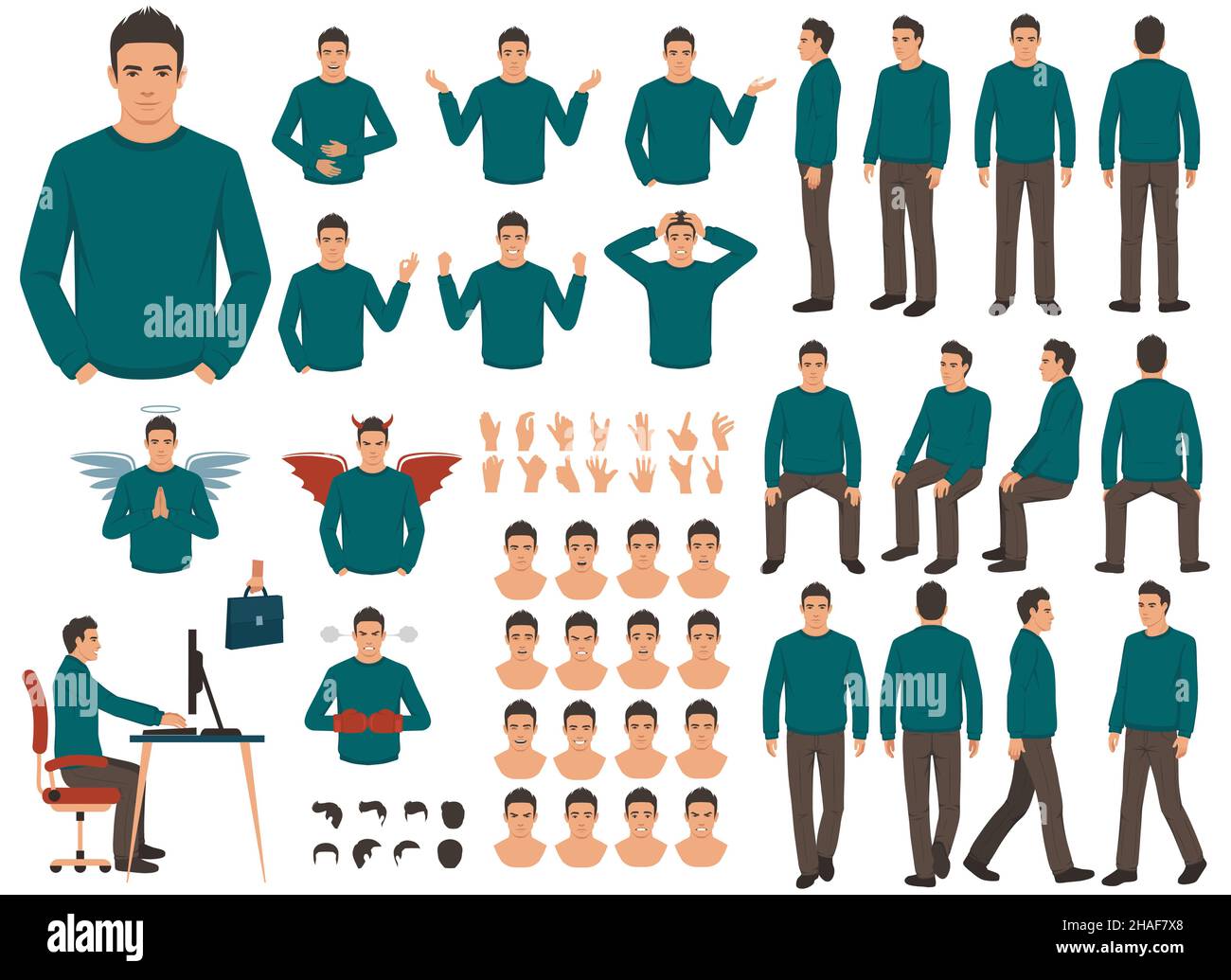 Vector man character casual poses set in flat style. Full length ...