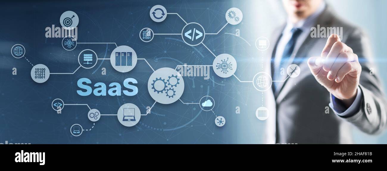 SaaS Software as a Service concept with man hand pressing text Stock Photo - Alamy