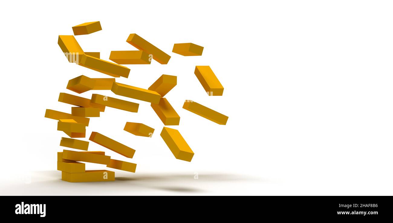 Tower made of 3D rendered wooden bricks falling apart. Famous block ...