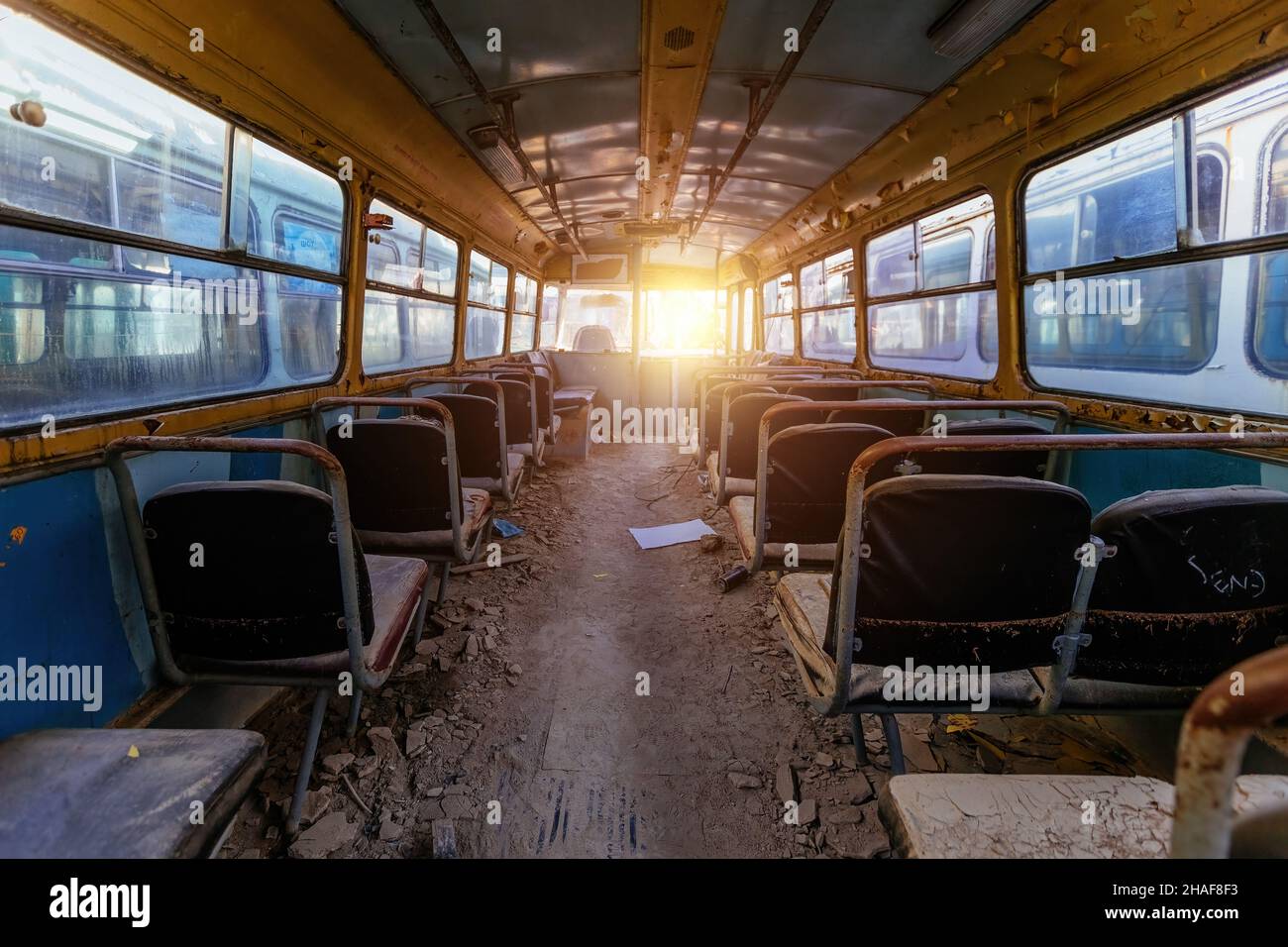 Inside old abandoned rusty wrecked bus or trolleybus Stock Photo - Alamy