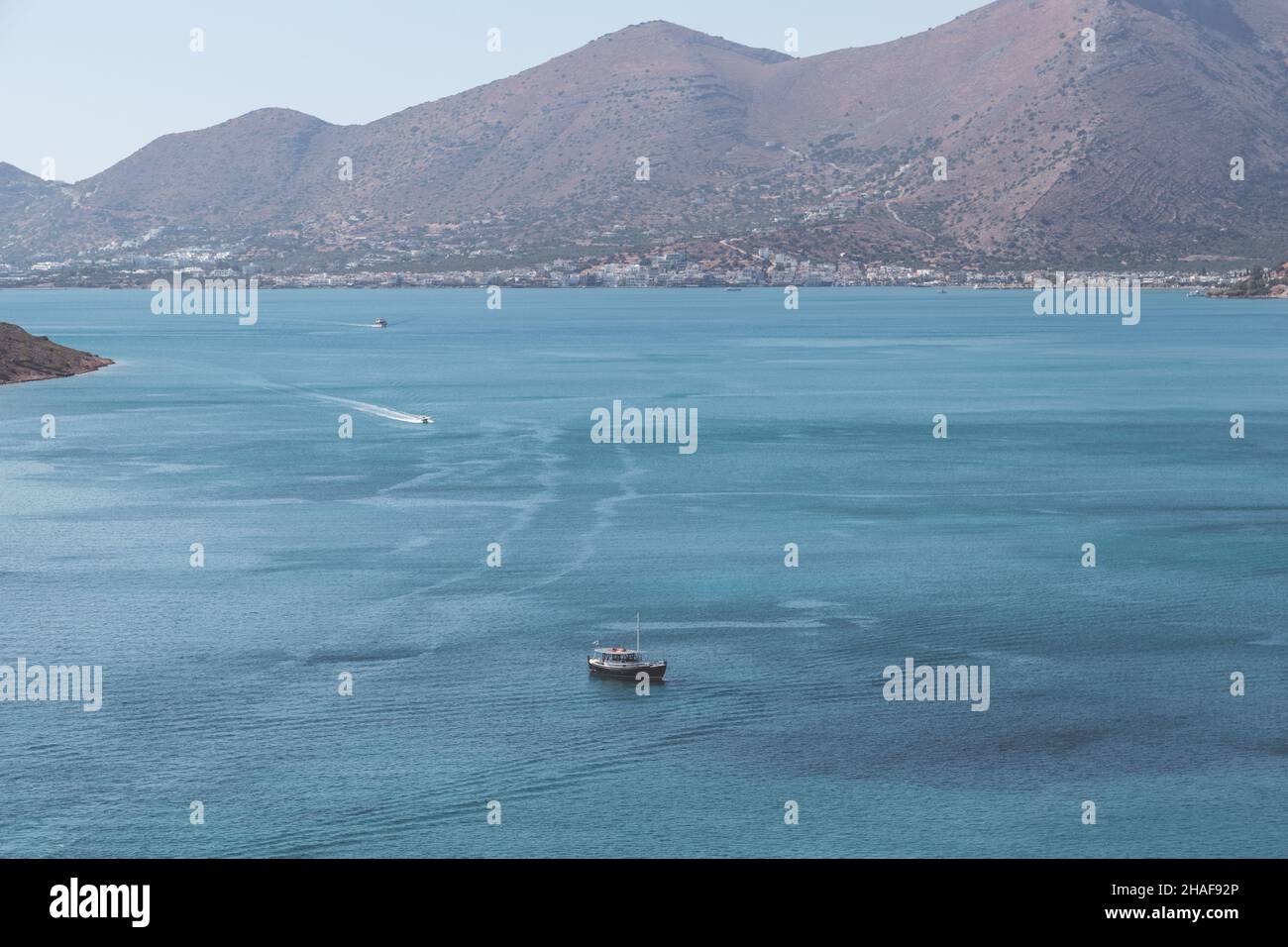 A beautiful view of the sea and hills from the coast of Crete island ...
