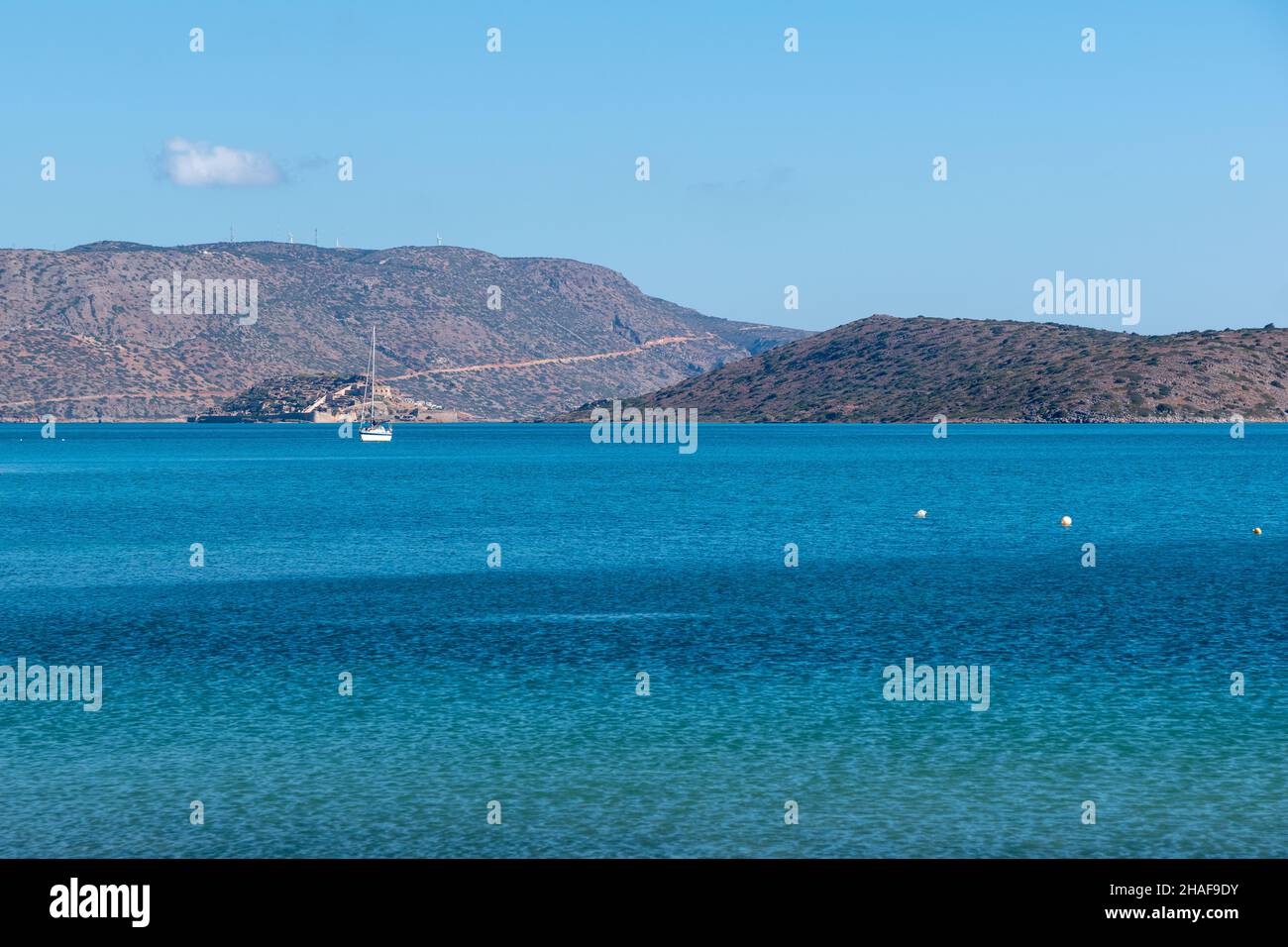 Blue waterscape in the background of mountains on Crete island, Greece ...