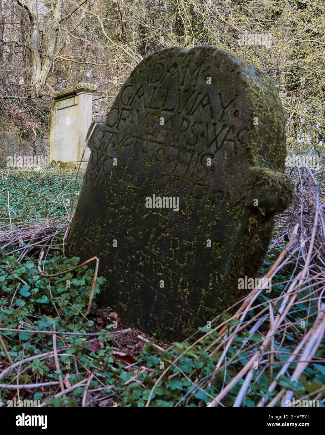 an old mossy grave with celtic writing Stock Photo - Alamy
