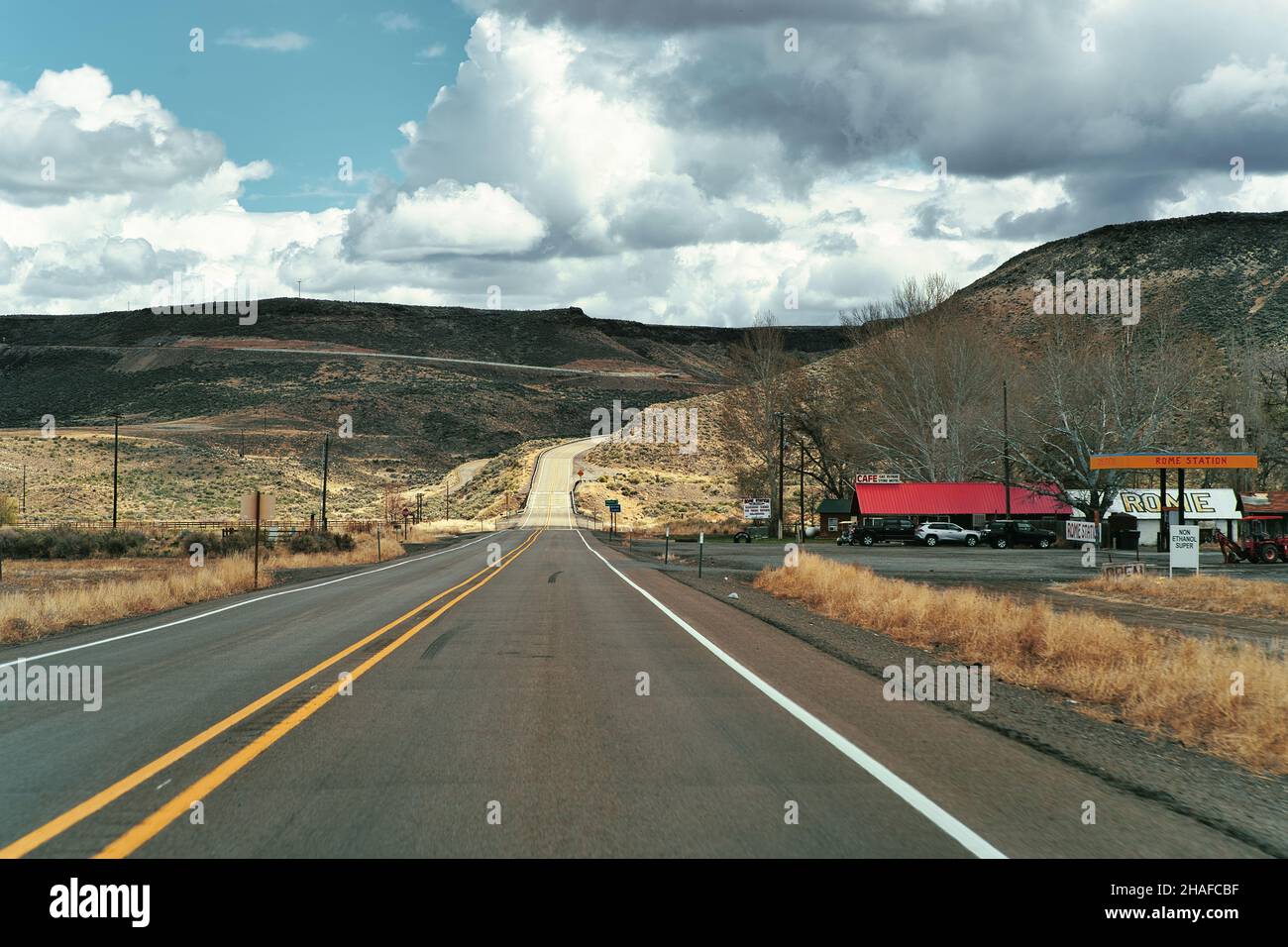 Gas station next to the U.S. 95 highway in Eastern Oregon under a blue ...