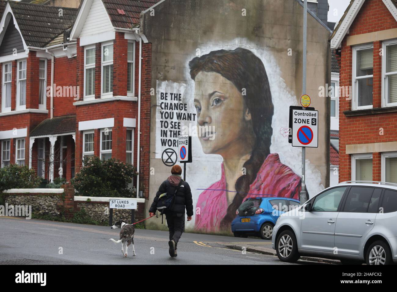 Greta Thunberg mural on the side of a house in Brighton, East Sussex ...