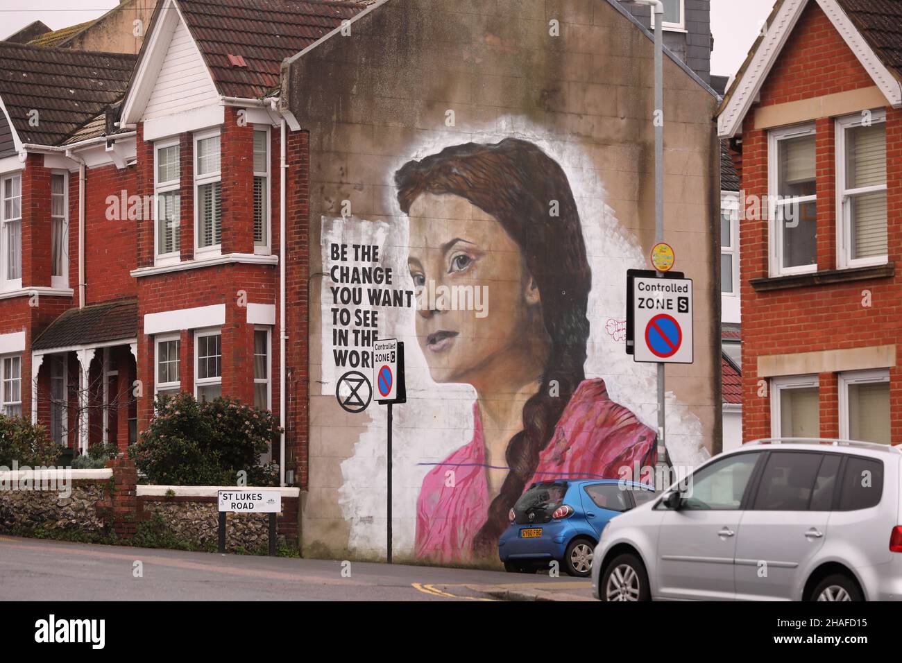 Greta Thunberg mural on the side of a house in Brighton, East Sussex ...