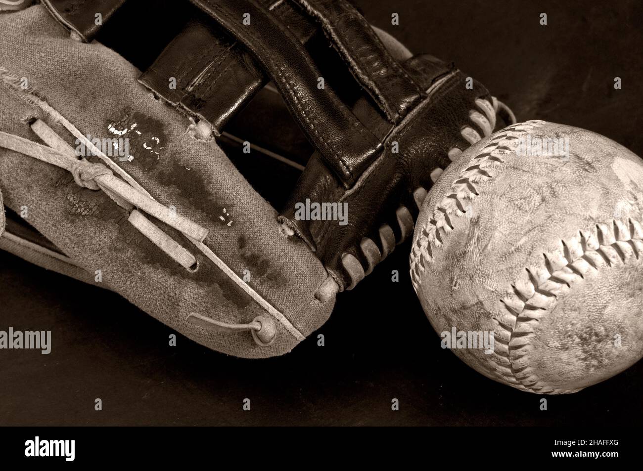 Old Softball with Glove Monochrome on Dark Background Horizontal Stock ...