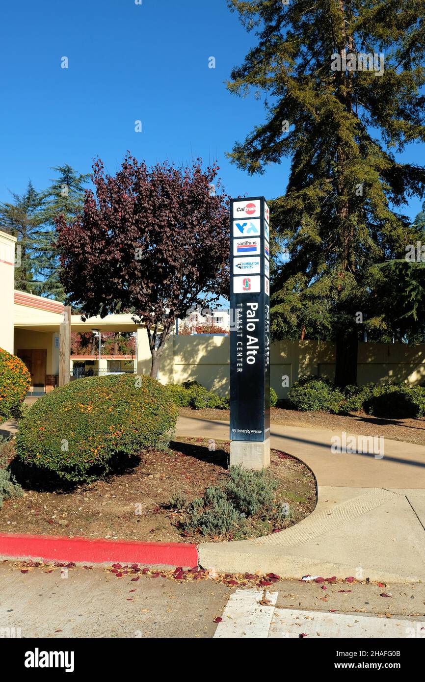 Sign at the intermodal Palo Alto Transit Center with names of available ...