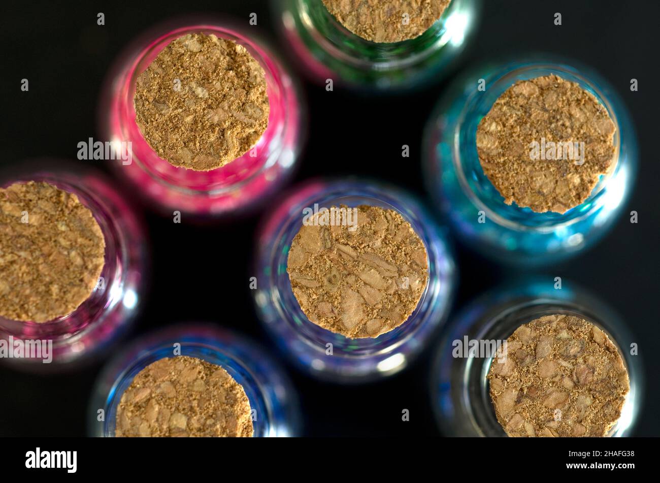 Top View Macro Image of Miniature Corks and Colored Bottles Horizontal ...