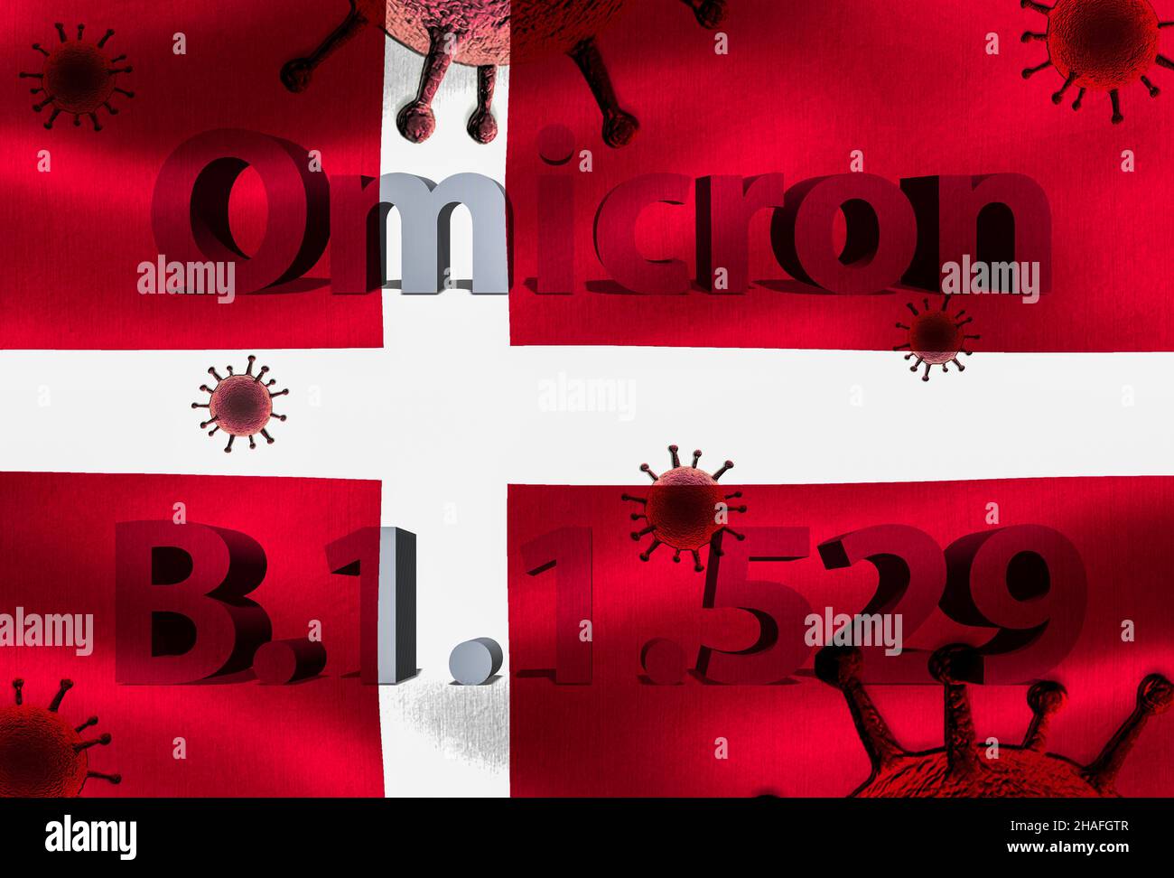 3D-Illustration of the corona variant Omicron on a Denmark flag Stock ...