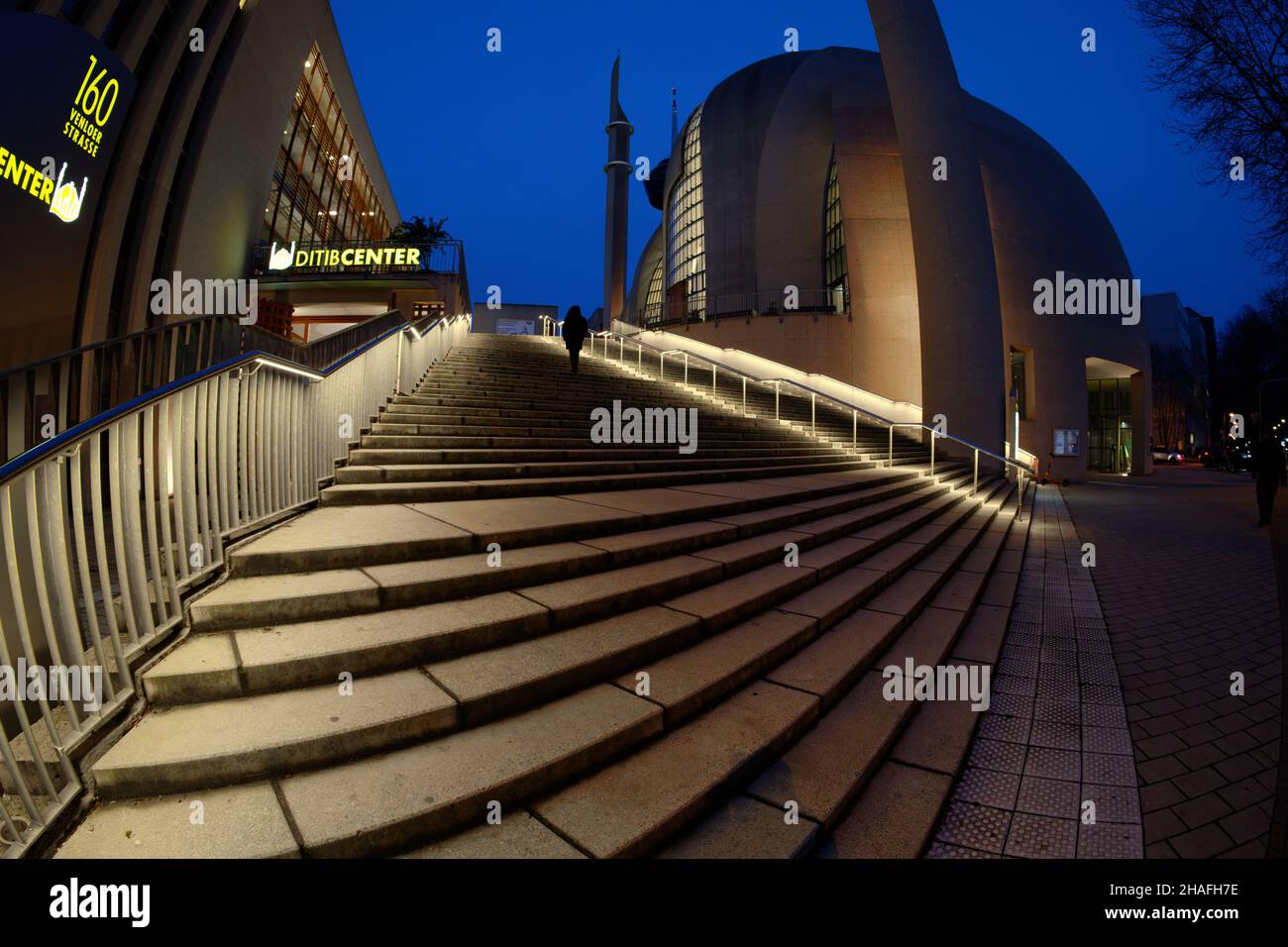 Cologne, Germany - December 07, 2021: illuminated staircase to DITIB ...