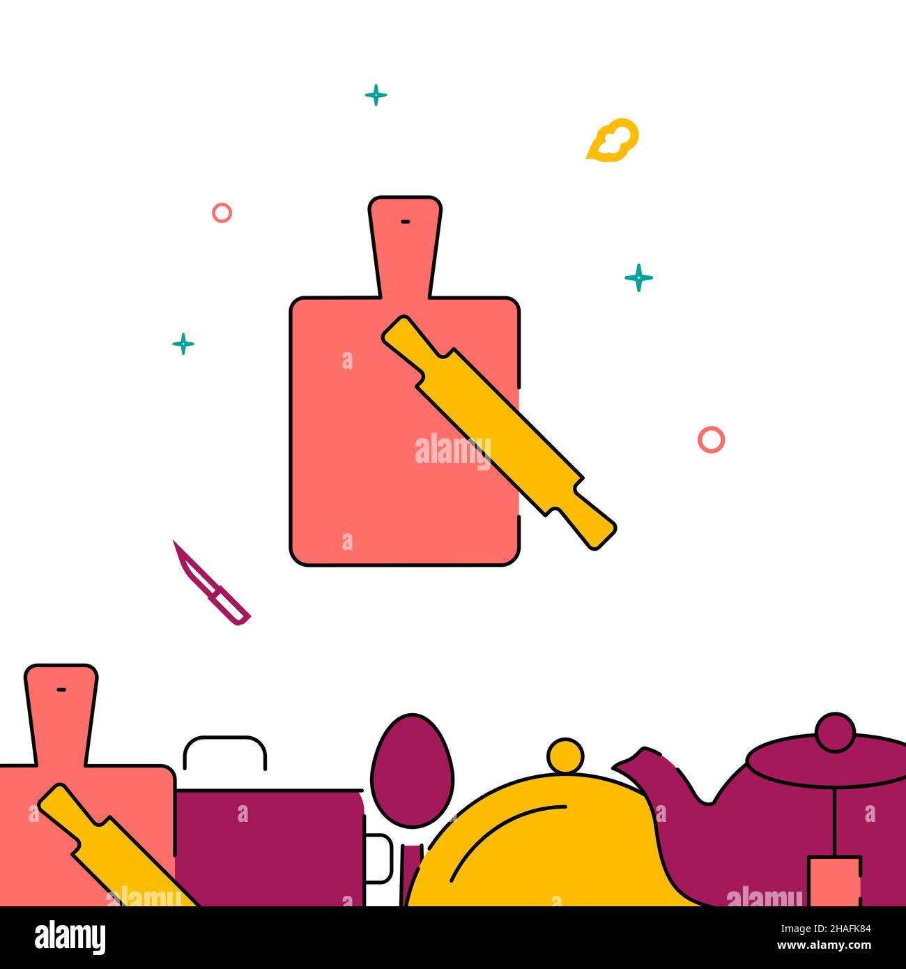 Cutting board and rolling pin filled line vector icon, simple ...