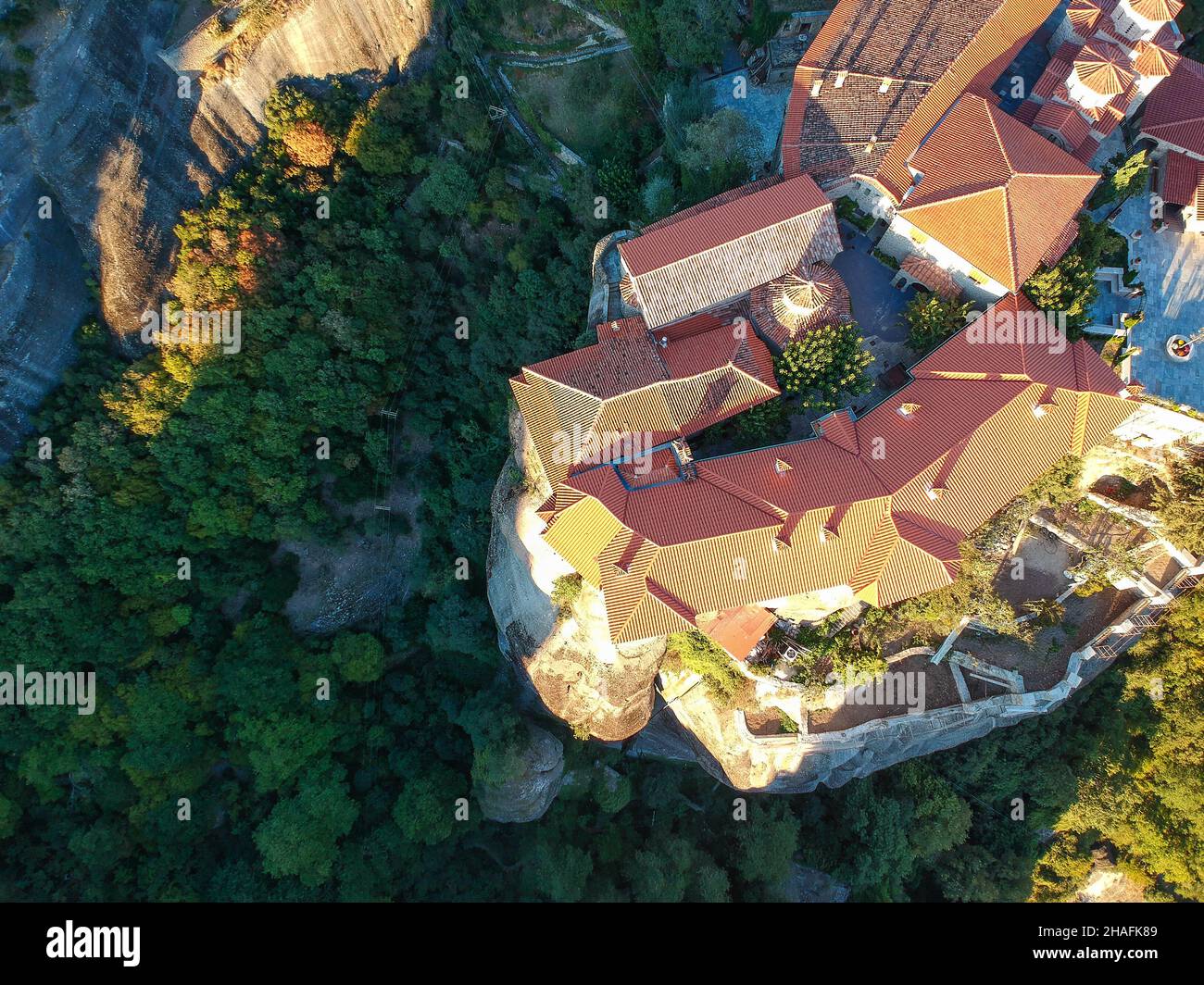 Aerial view over Meteora, a rock formation in central Greece hosting ...