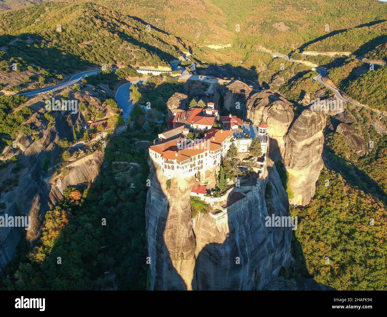 Aerial view over Meteora, a rock formation in central Greece hosting ...