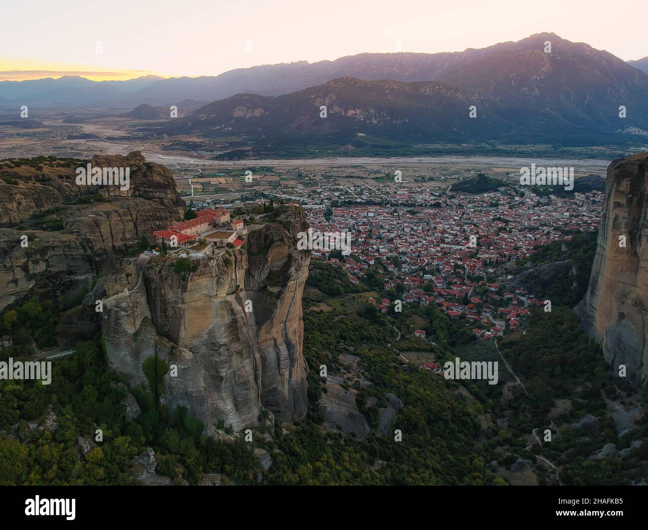 Aerial view over Meteora, a rock formation in central Greece hosting ...
