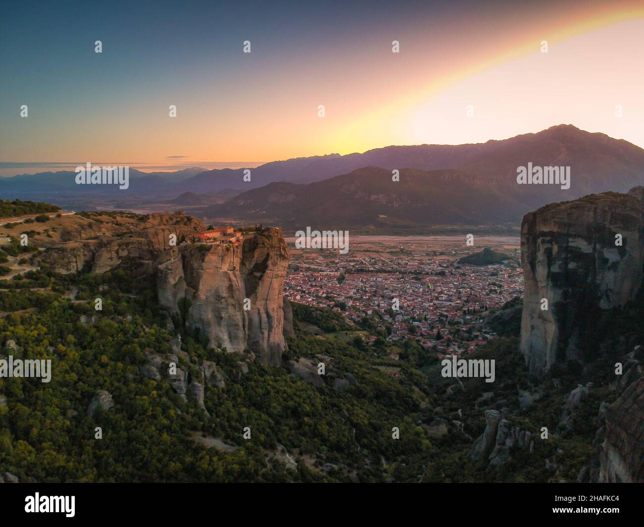 Aerial view over Meteora, a rock formation in central Greece hosting ...