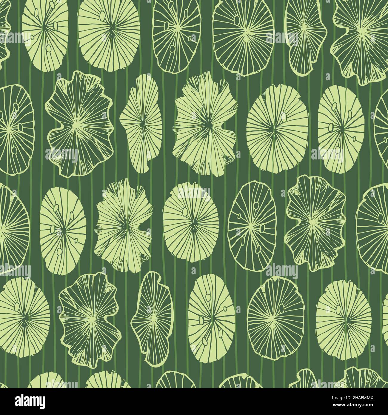 Vector green monochrome lotus lily pads rows of leaves seamless pattern ...