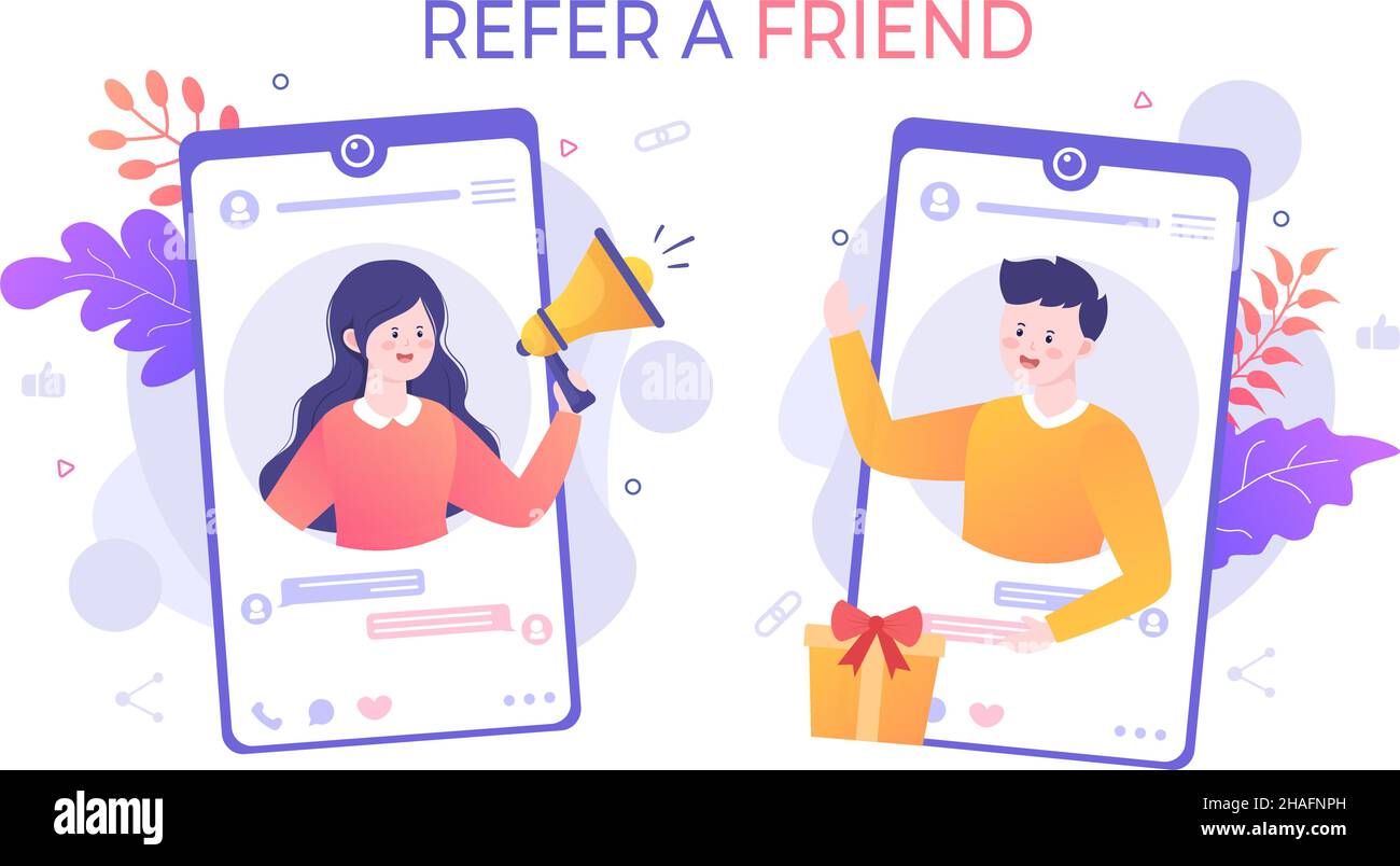 Refer a Friend Flat Design Illustration with Megaphone on Screen Mobile ...