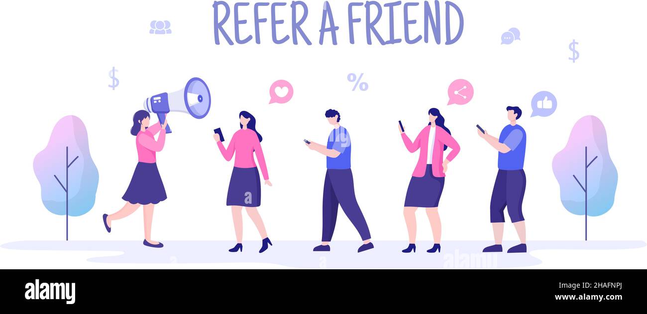Refer a Friend Flat Design Illustration with Megaphone on Screen Mobile ...