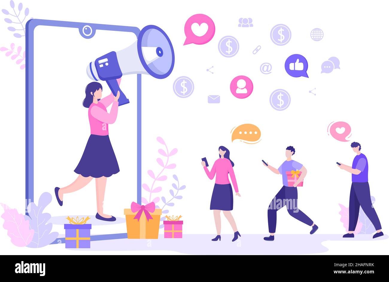 Refer a Friend Flat Design Illustration with Megaphone on Screen Mobile ...