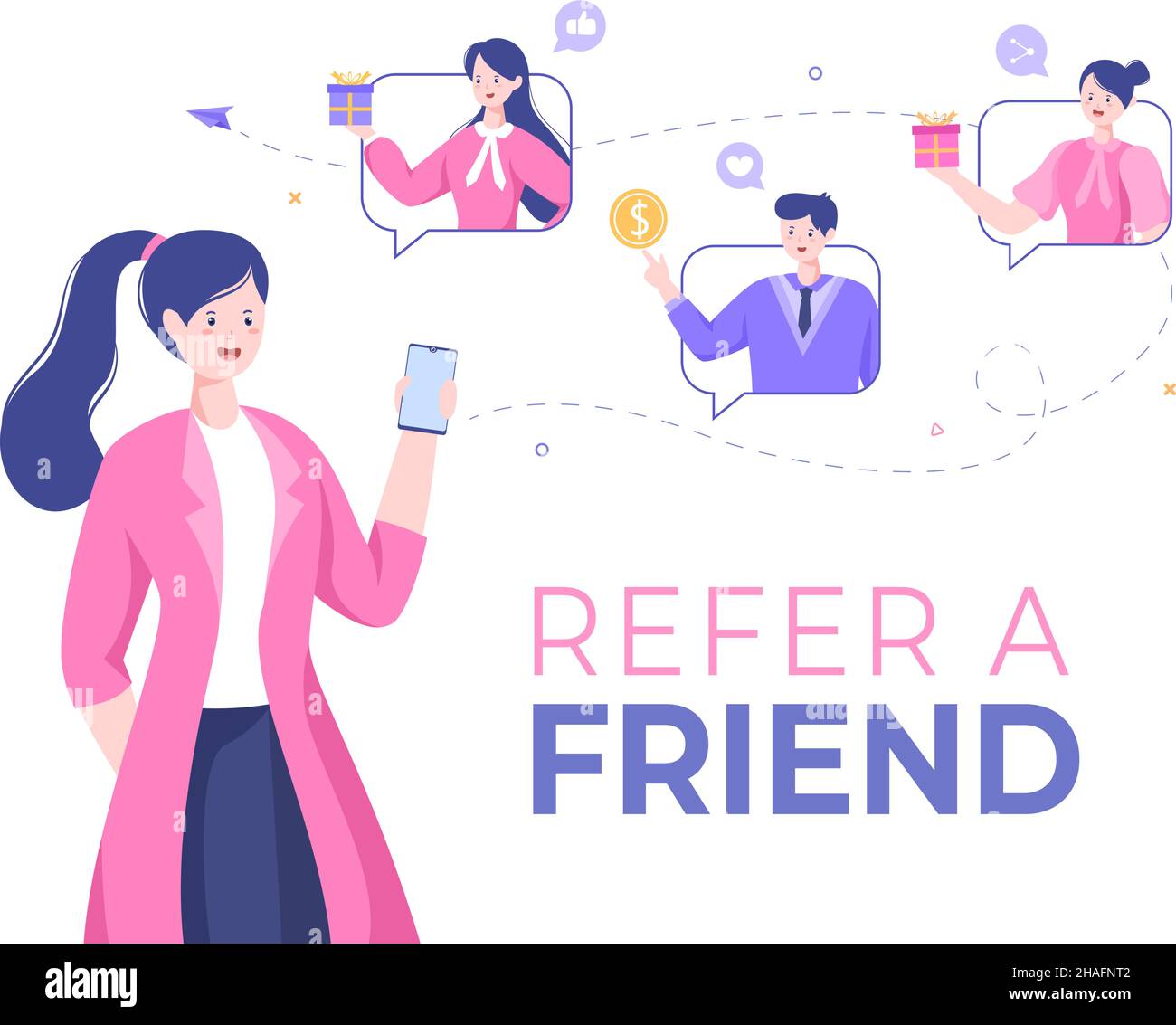 Refer a Friend Flat Design Illustration with Megaphone on Screen Mobile ...