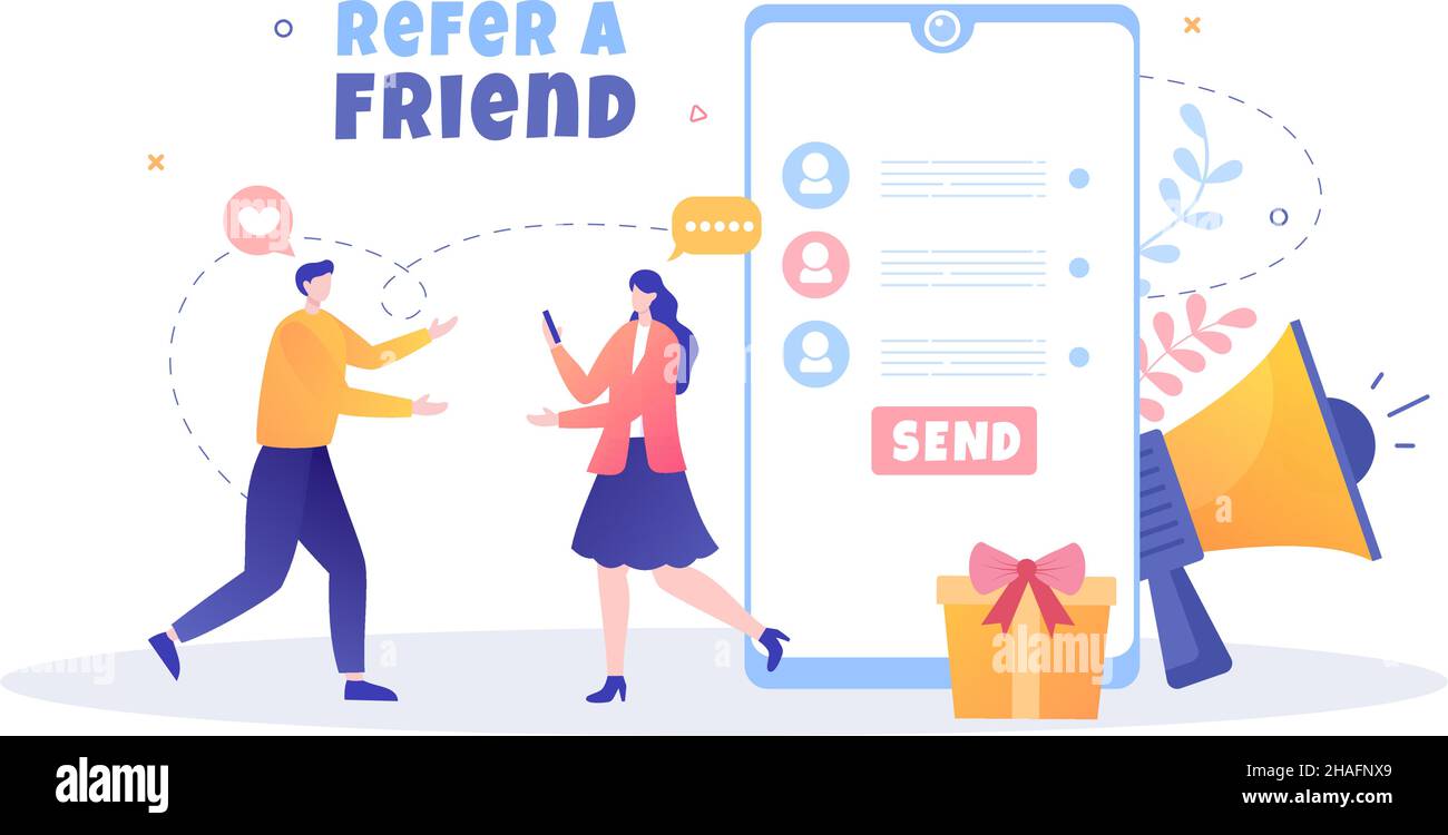 Refer a Friend Flat Design Illustration with Megaphone on Screen Mobile ...