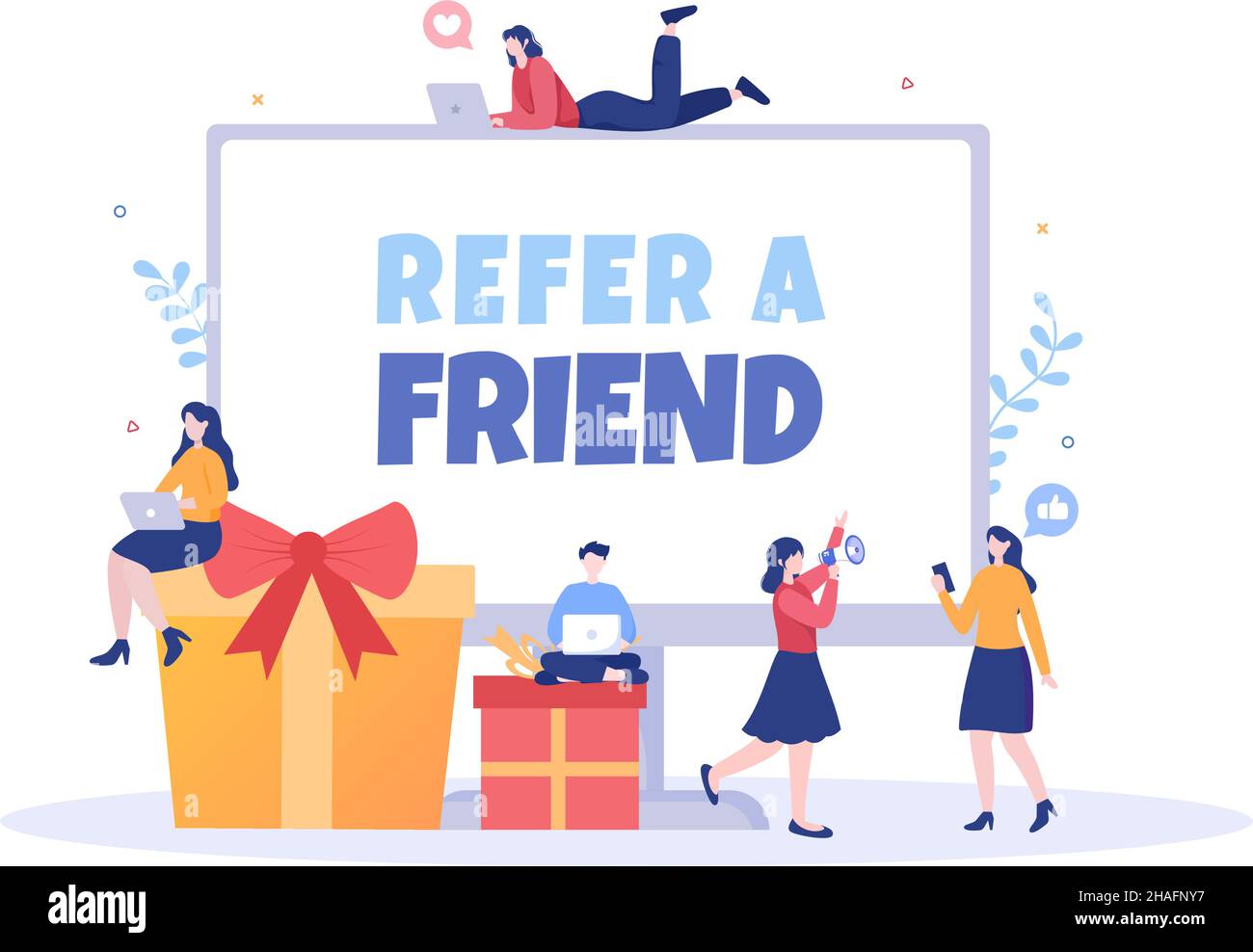 Refer a Friend Flat Design Illustration with Megaphone on Screen Mobile ...