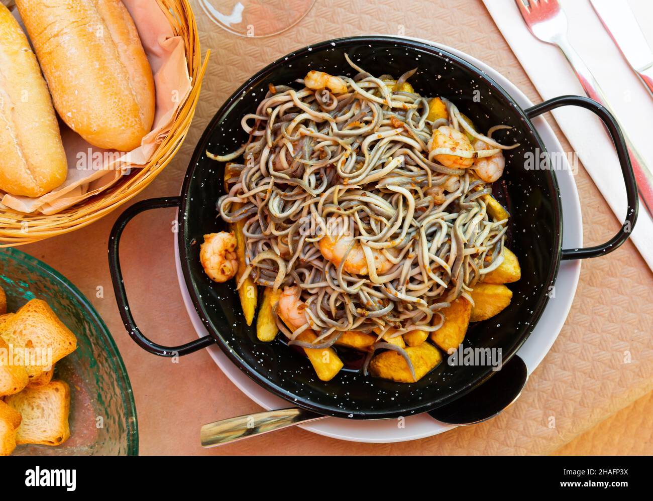 Traditional Spanish dish Gulas y Gambas - Surimi Elvers and prawns ...