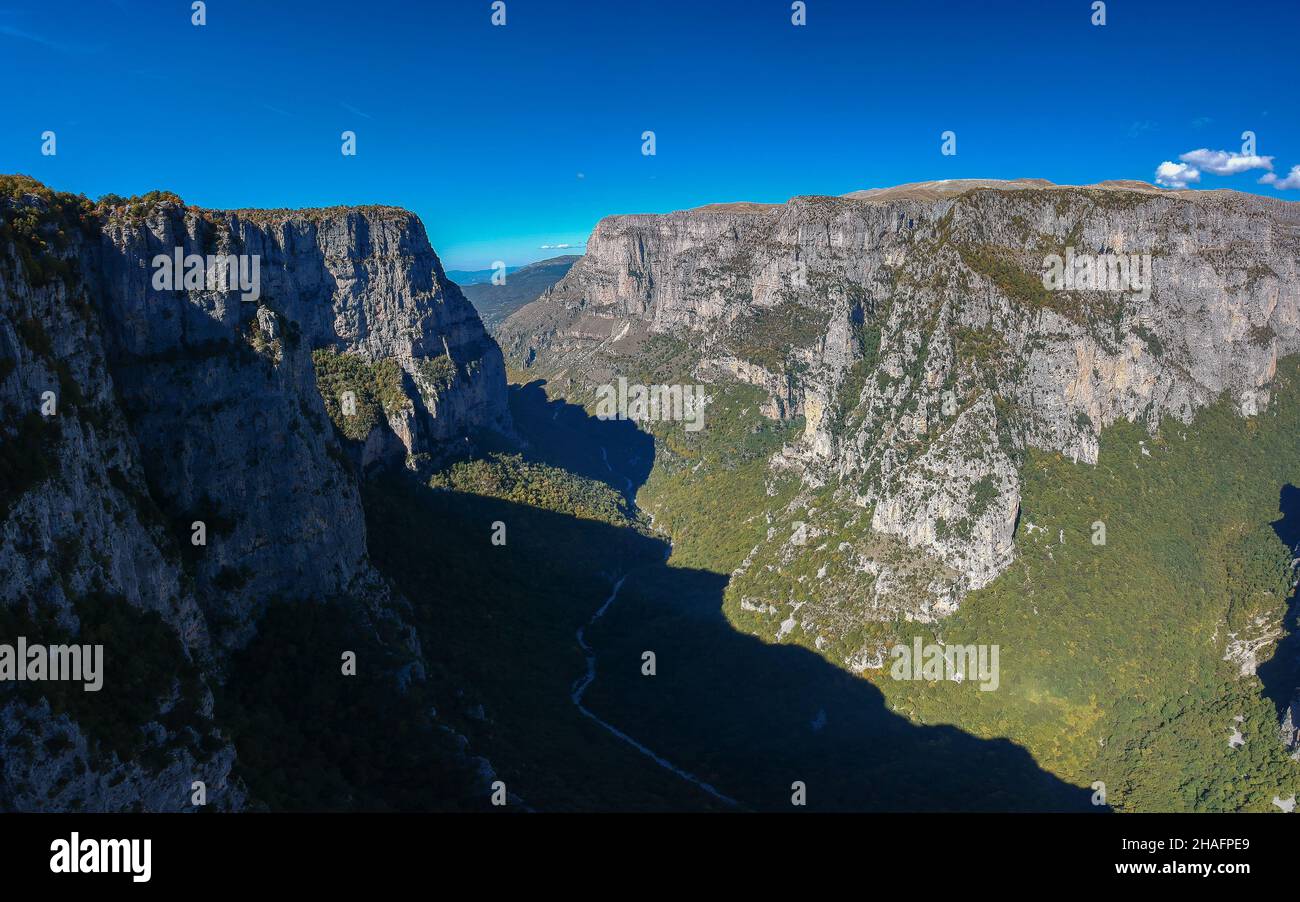 Aerial panoramic view of the impressive Vikos gorge in the Zagoria ...