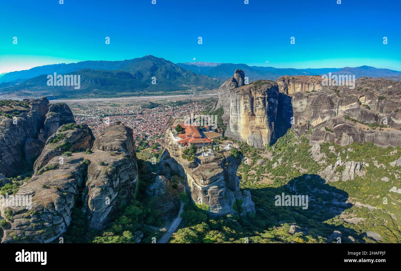 Aerial view over Meteora, a rock formation in central Greece hosting ...