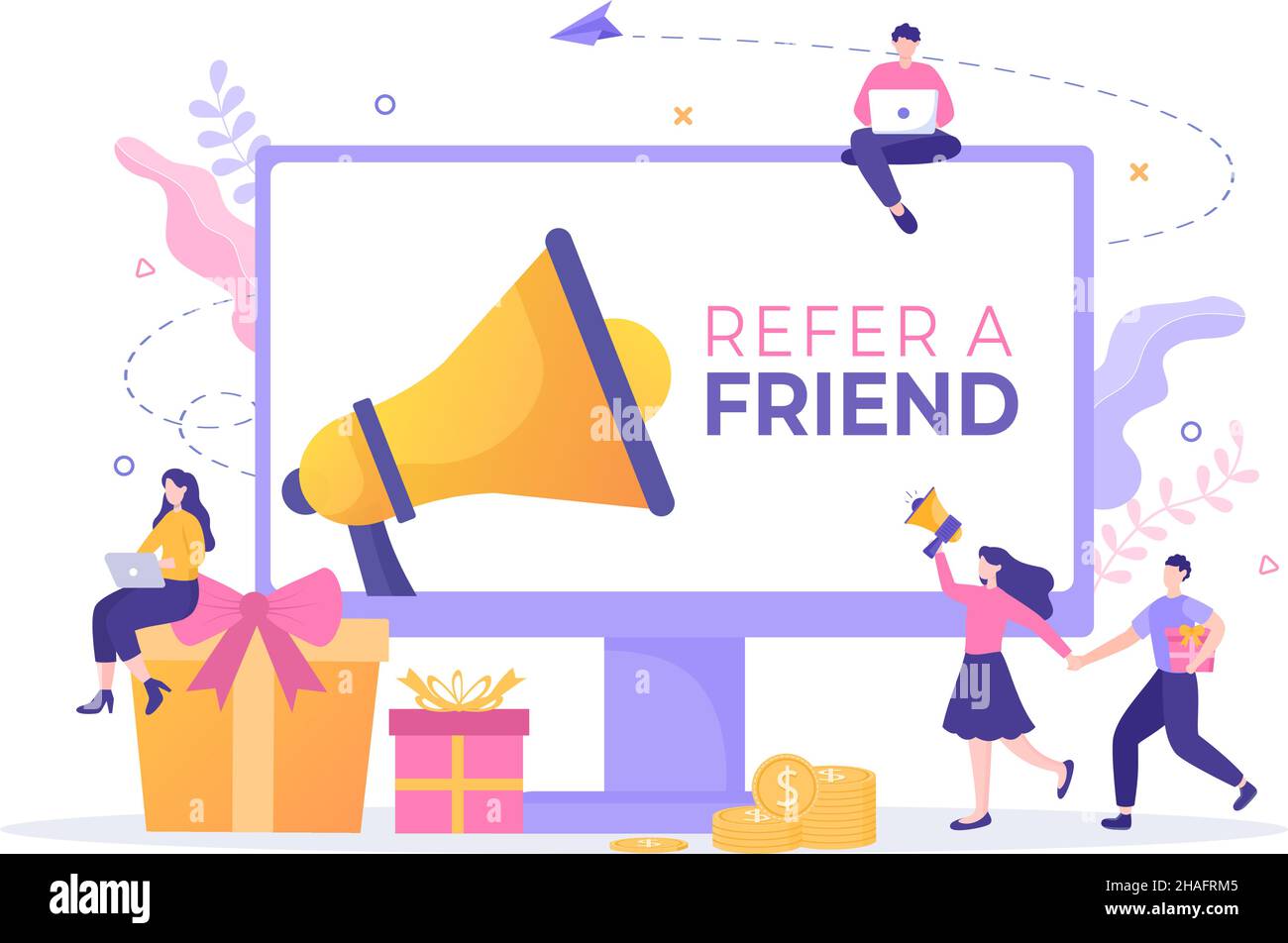 Refer a Friend Flat Design Illustration with Megaphone on Screen Mobile Phone and Social Media ...