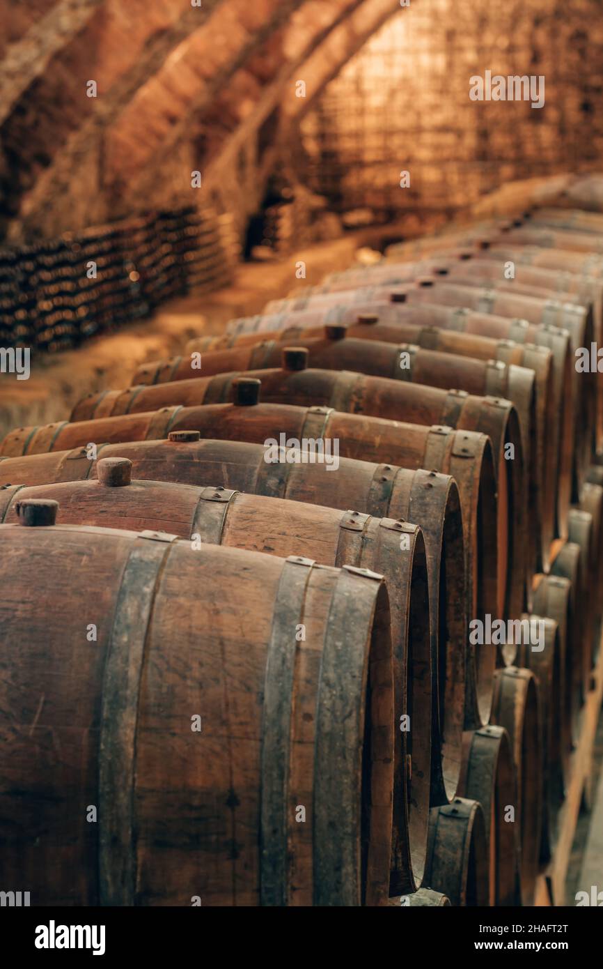 Old wooden barrels with wine in the ancient medieval cellars Stock ...