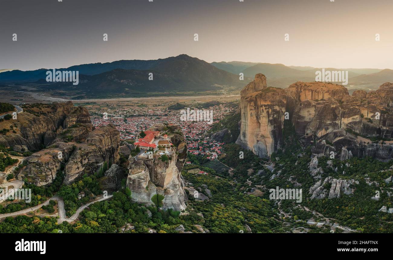 Aerial view over Meteora, a rock formation in central Greece hosting ...