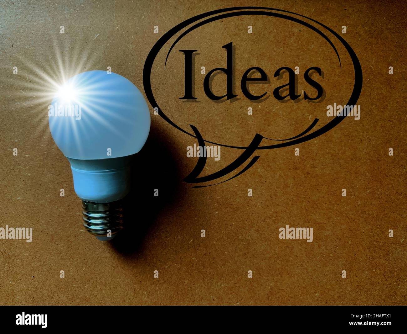 Ideas written in text with shining light bulb background Stock Photo ...
