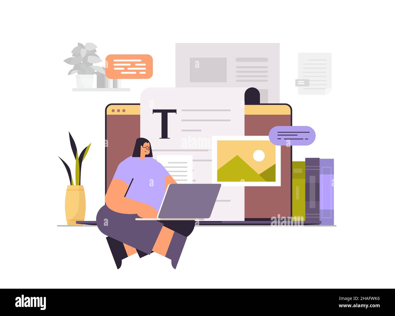 woman article editor writing publicity post female journalist using ...