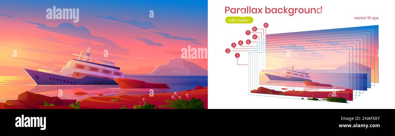 Parallax background sunken cruise ship in ocean harbor at sunset. 2d ...