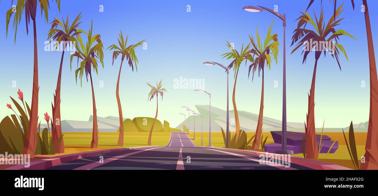 Tropical landscape with car road, palm trees, street lights and ...