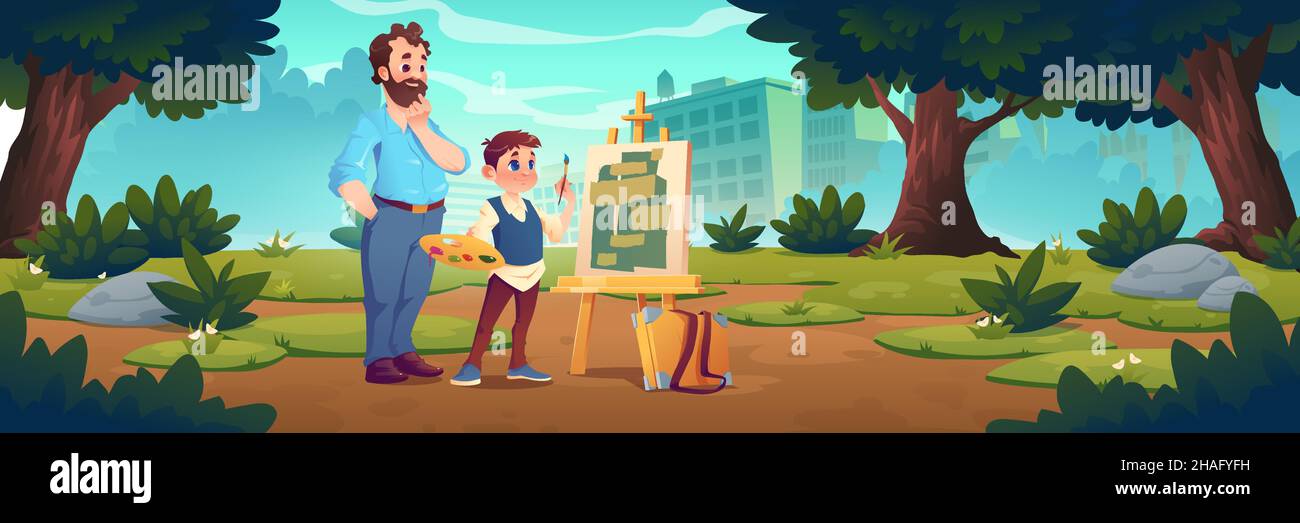 Art class scene with child studying painting with teacher support ...