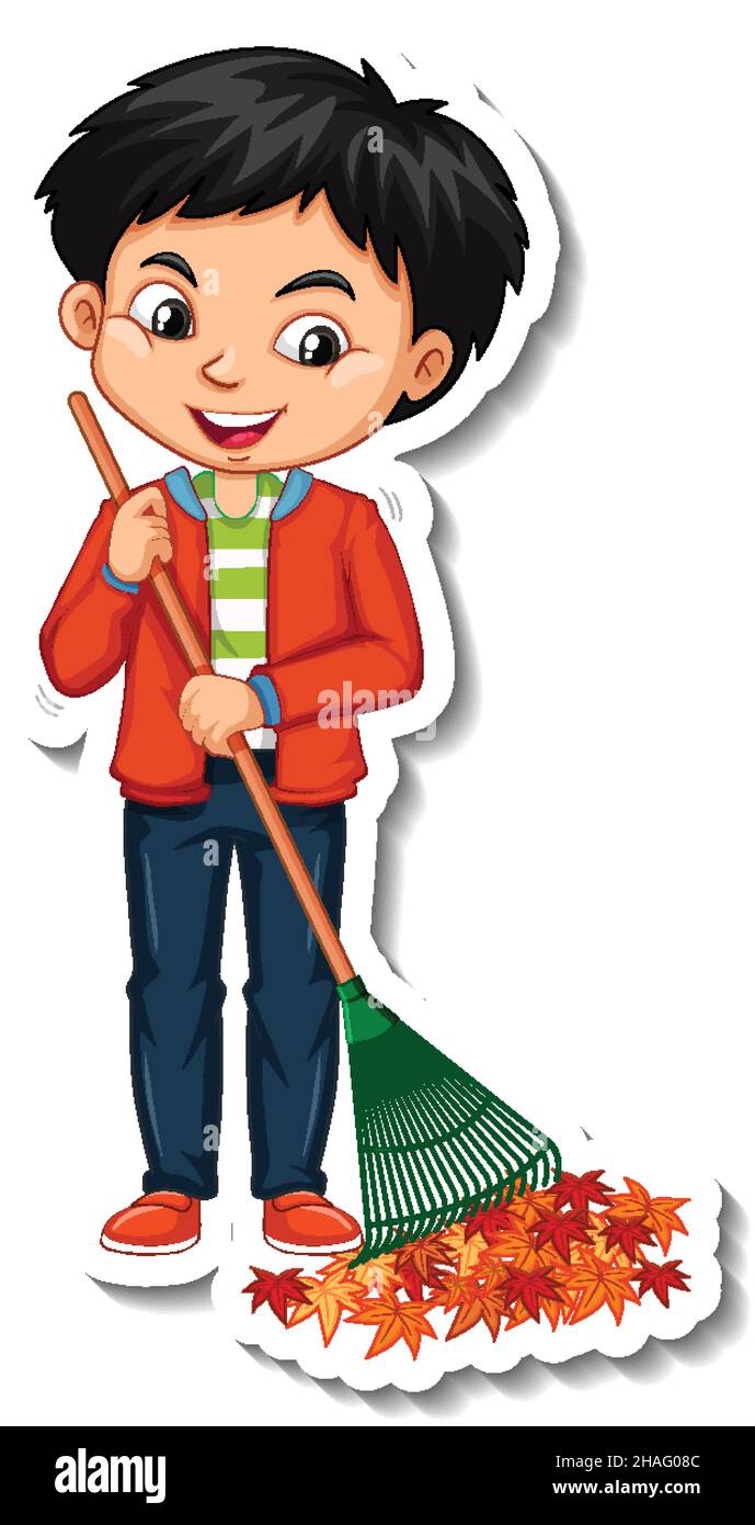 A boy using rake cartoon character illustration Stock Vector Image ...