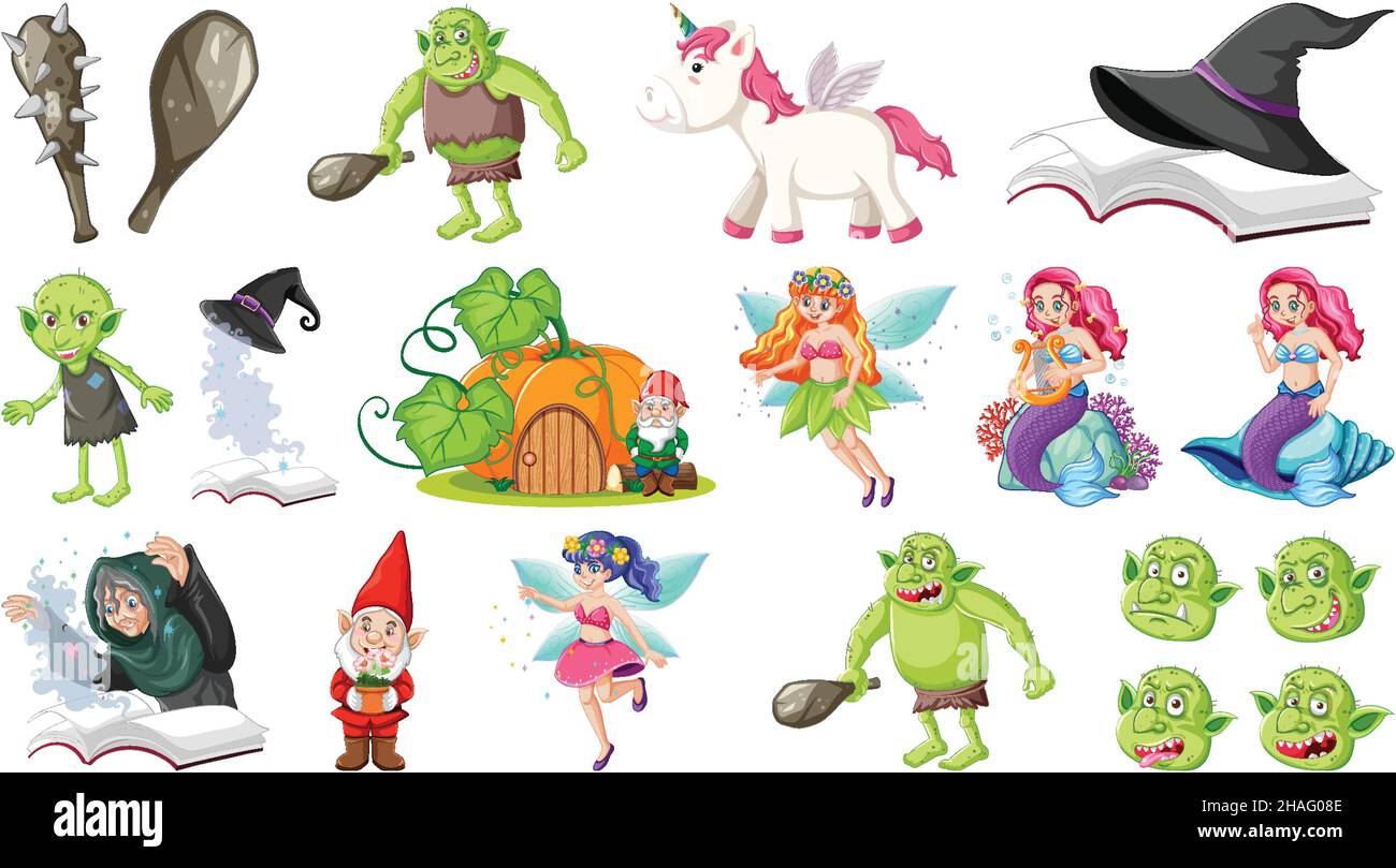 Set of fantasy fairy tale characters and elements illustration Stock ...