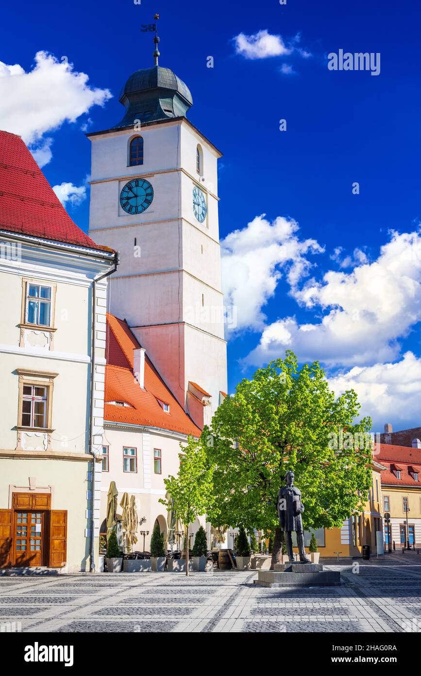 Sibiu, Romania. Council Tower in picturesque medieval downtown, scenic ...