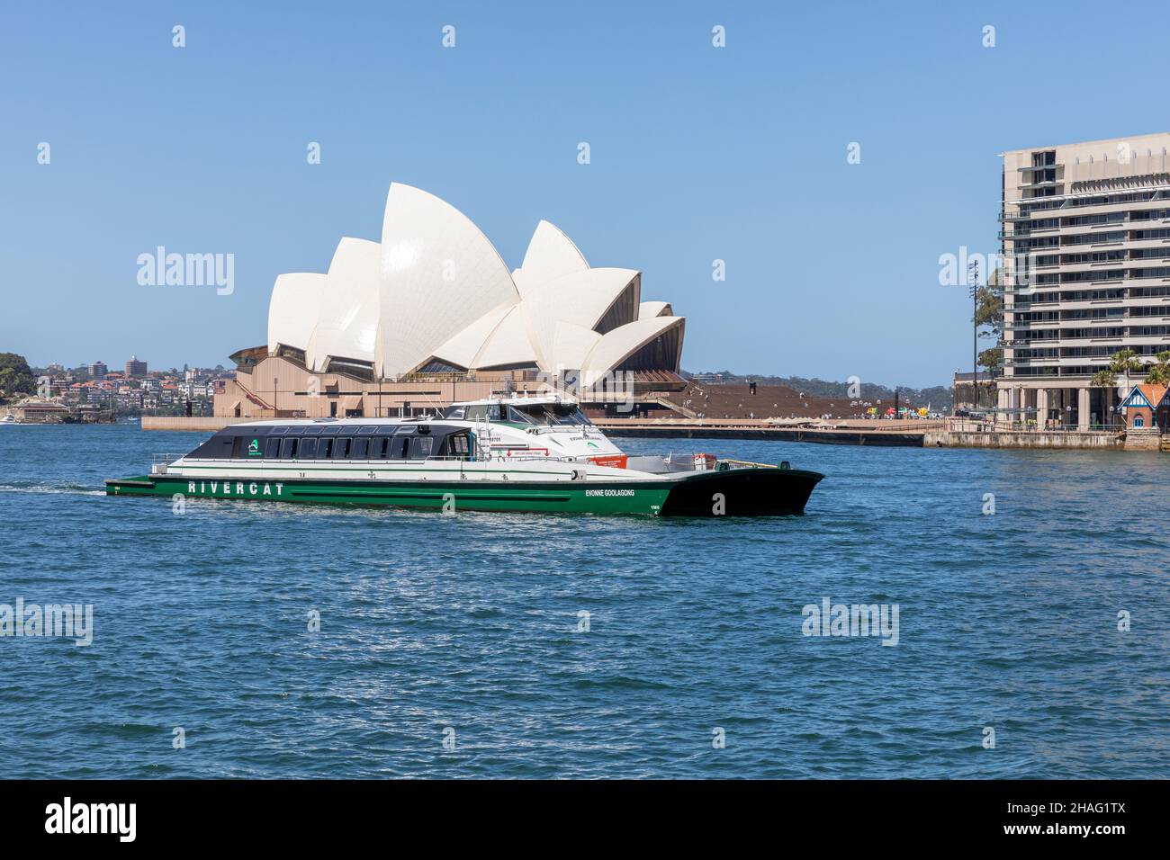 Rivercat class ferry, the MV Evonne Goolagong in Sydney Harbour passing ...