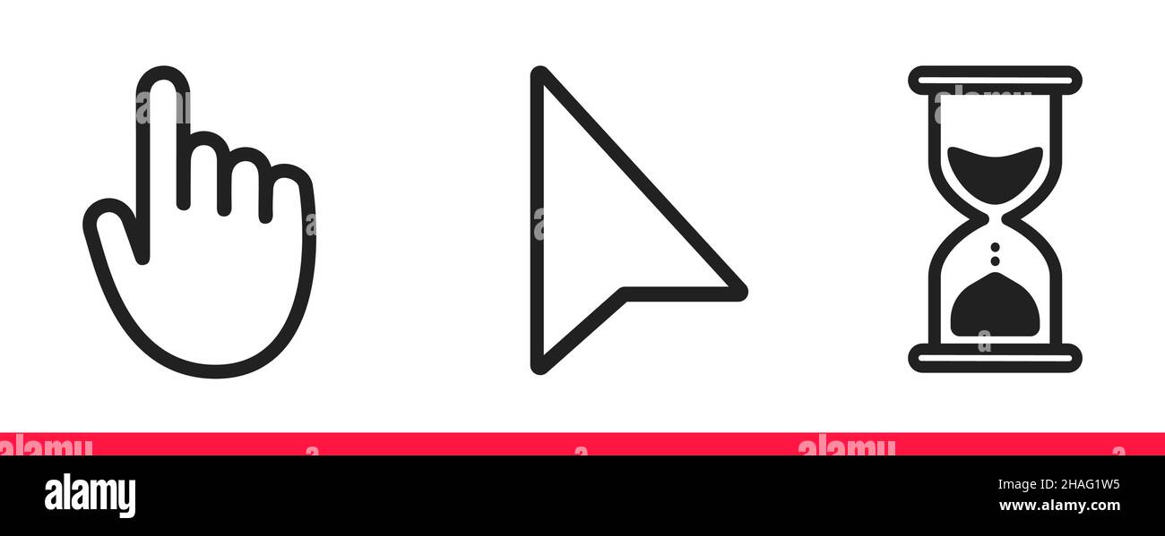 Black hourglass loading clock, pointer hand and arrow mouse cursors ...