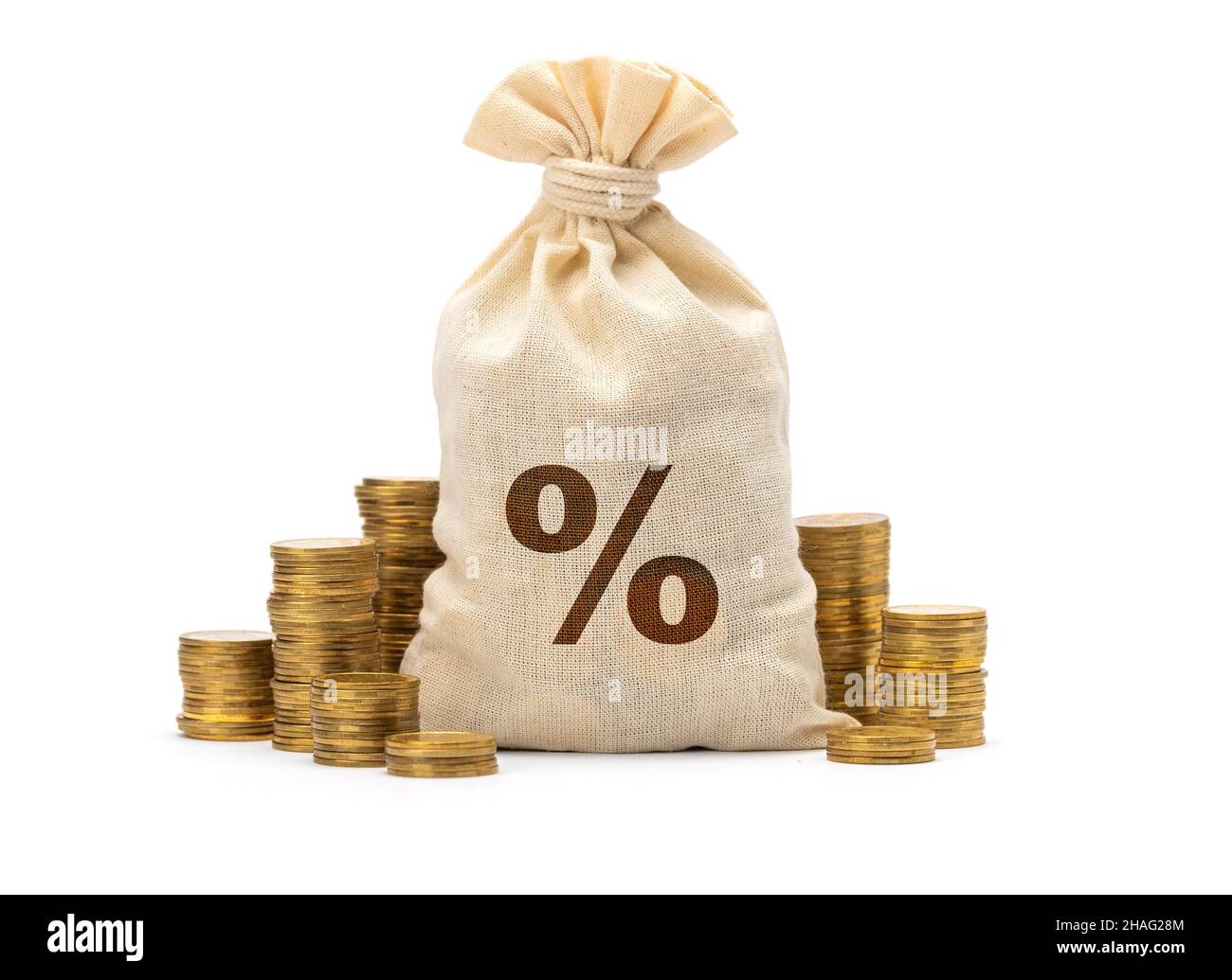 Bag of money with a percent sign and a stack of coins. isolated on ...