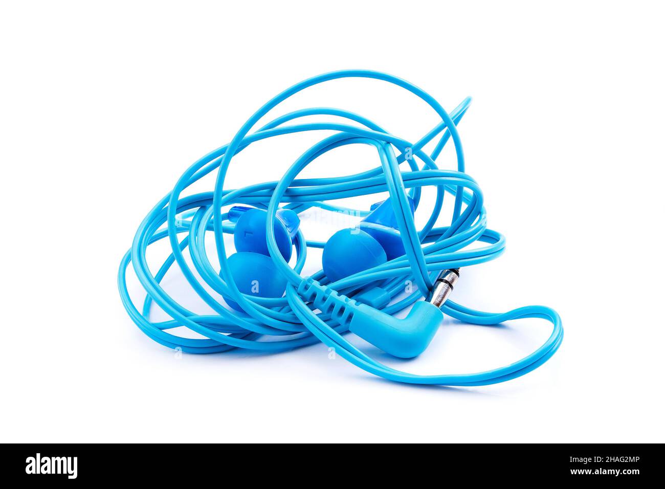Blue earbuds isolated on white background. Tangled and twisted wire headphones Stock Photo - Alamy